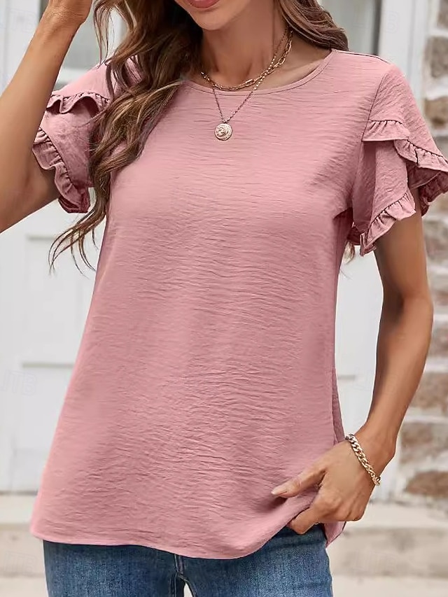 Women's T Shirt Tee Top Plain Elegant Short Sleeve Ruffle Sleeve Crew ...