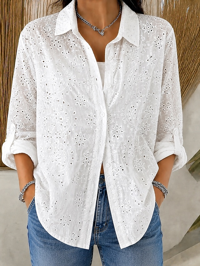 Women's Blouse Embroidered Buttons Solid Color Elegant Casual Long ...