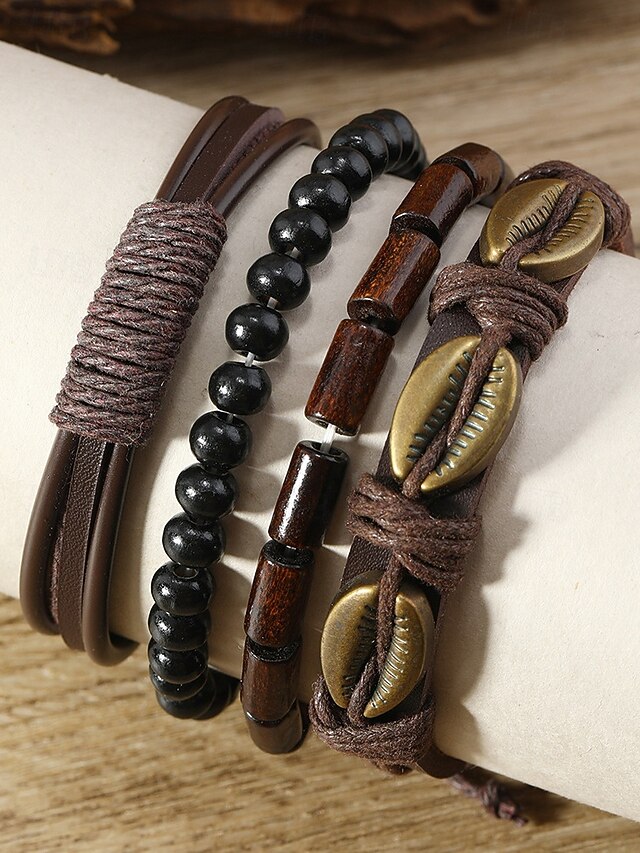 Men's Handmade Leather and Beaded Bracelet Set, Multi-Layer Vintage ...