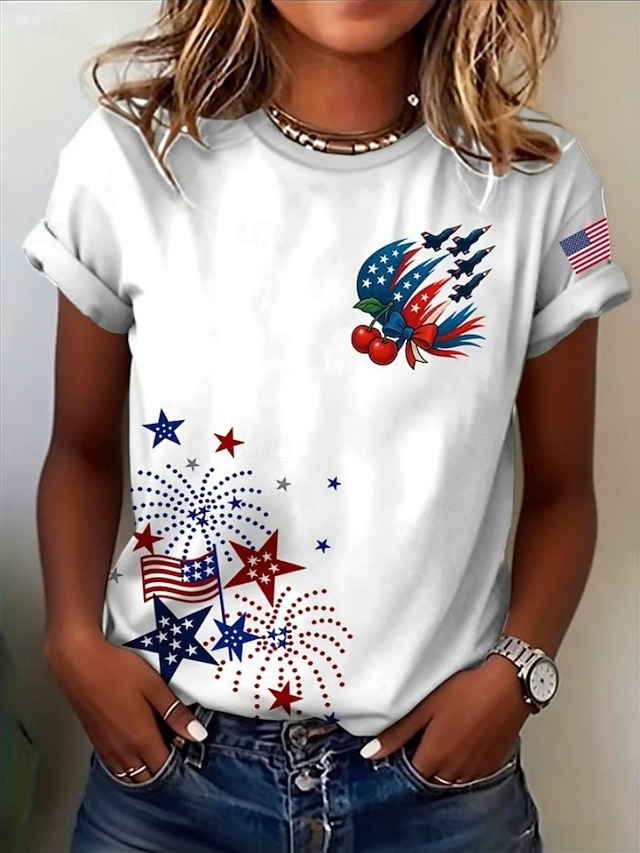 American Independence Day Women's T Shirt Print Graphic Flag Letter ...