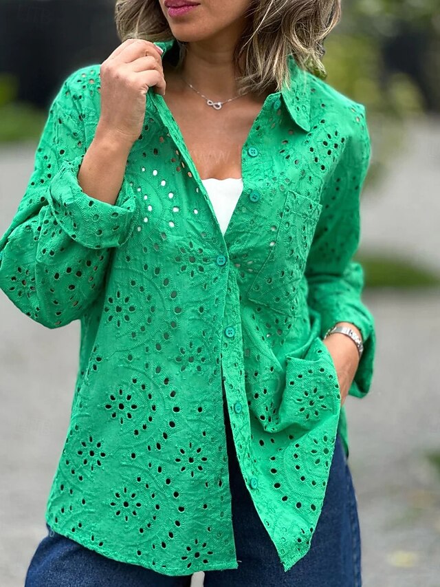 Women's Blouse Embroidered Buttons Solid Color Elegant Casual Long ...