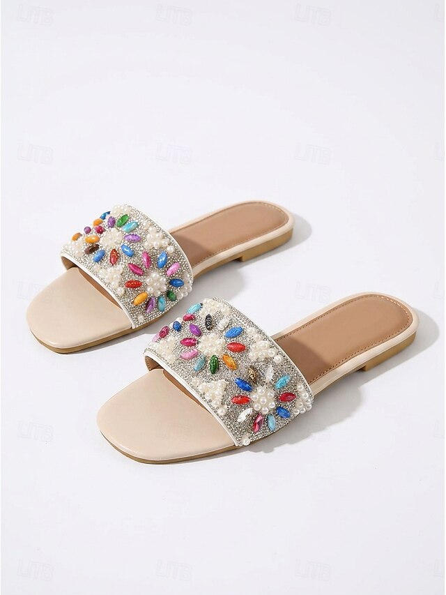 Women's Beige Flat Slide Sandals with Colorful Beads and Pearls ...