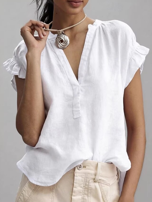 Women's Blouse Faux Linen Shirt Ruffle Solid Color Daily Stylish Basic ...