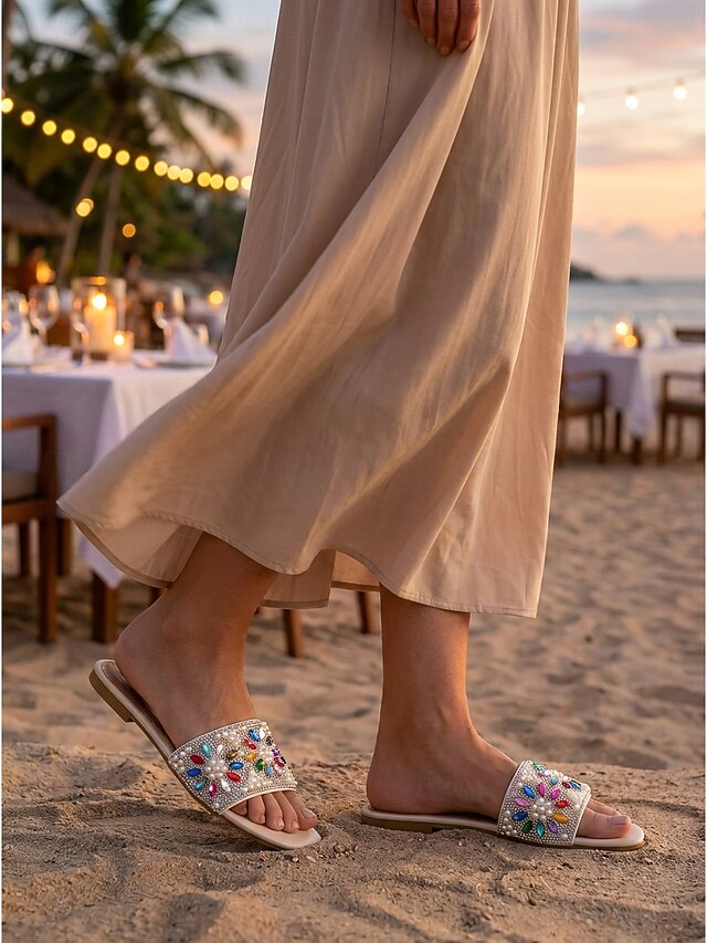Women's Beige Flat Slide Sandals with Colorful Beads and Pearls ...