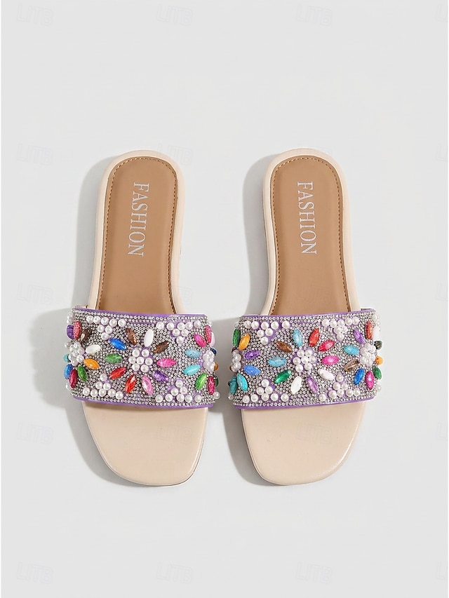 Women's Beige Flat Slide Sandals with Colorful Beads and Pearls ...