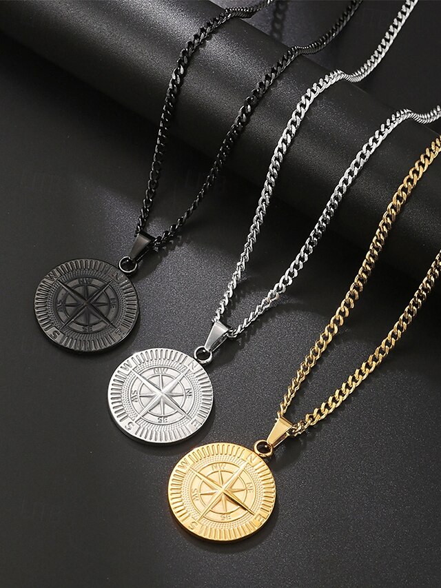 Men's Viking Compass Pendant Necklace, Stainless Steel Curb Chain for ...