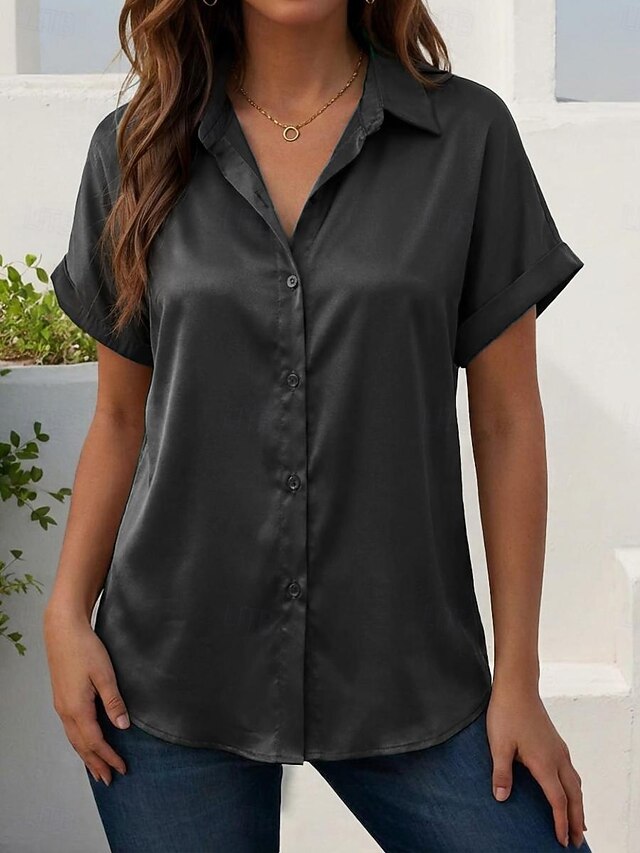 Women's Satin Shirt Solid Color Elegant Daily Stylish Short Sleeve Long ...