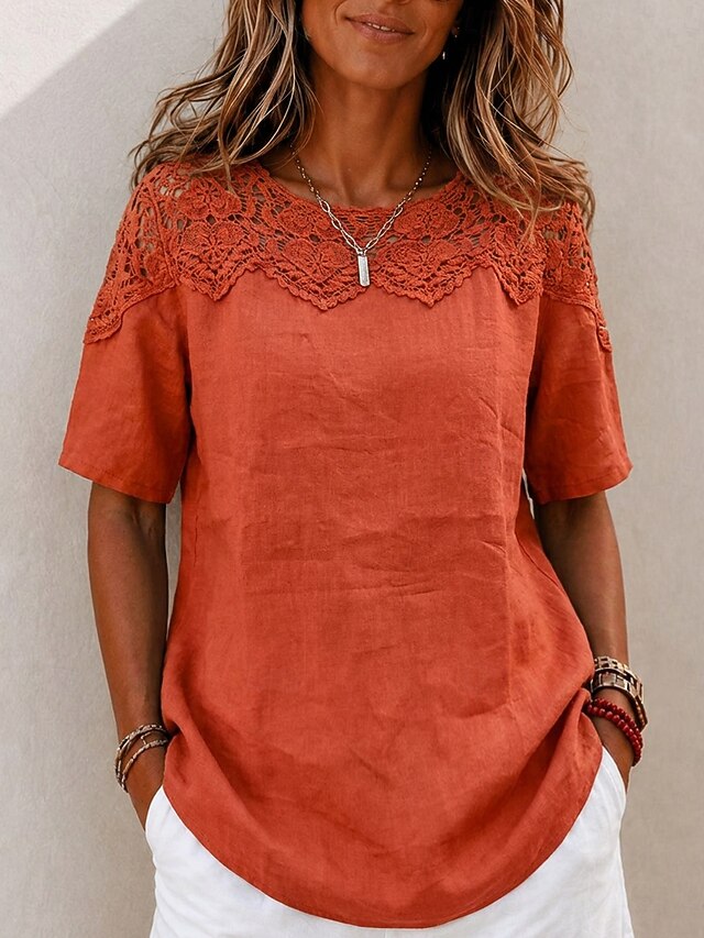 Women's Lace Splicing Top Lace Patchwork Elegant Crew Neck Long Tops ...
