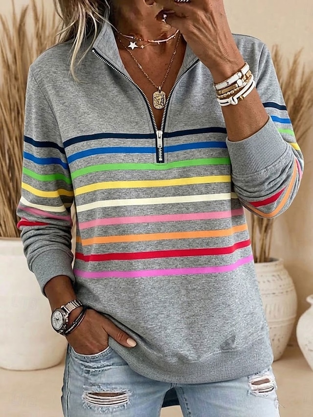 Women's Pullover Sweatshirt Patchwork Print Quarter Zip Plain Striped ...