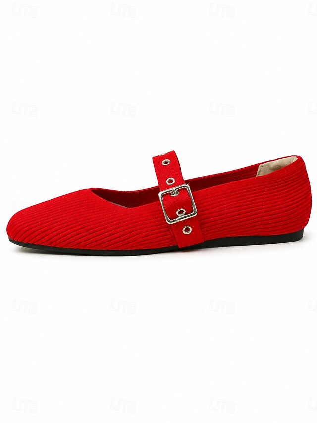 Women's Red Mary Jane Flats - Ribbed Knit Square Toe Adjustable Strap ...