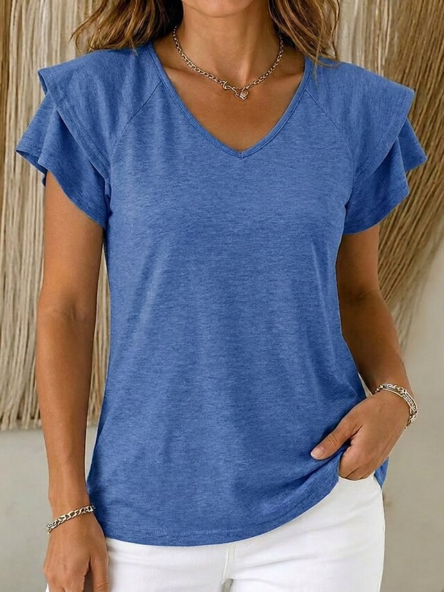 Women's T Shirt Summer Tops Plain Vintage Fashion Casual Short Sleeve ...