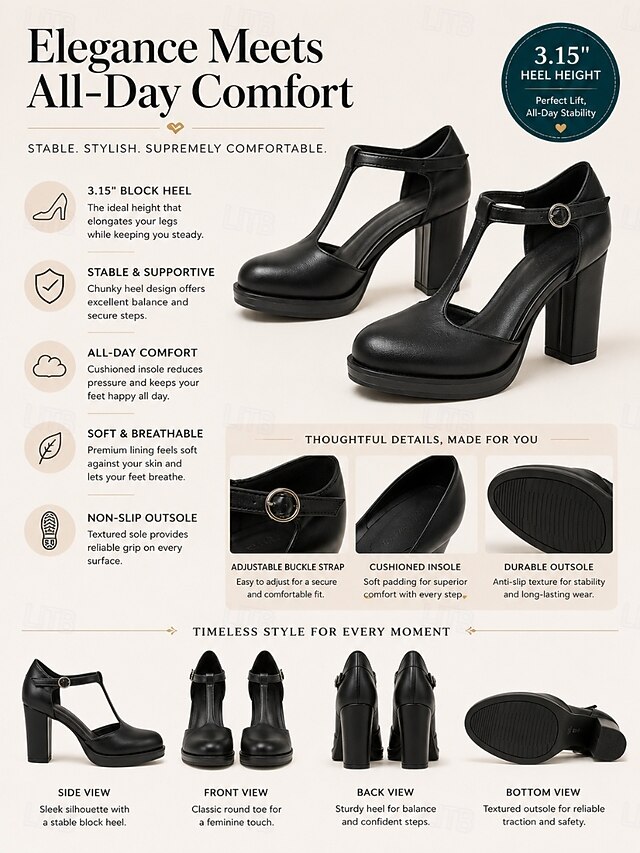 Women's Black Mary Jane Shoes - Leather T-Strap Chunky Block Heels for ...