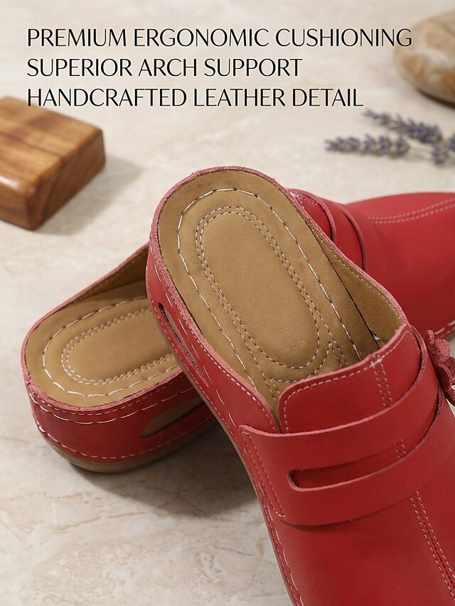 Women's Comfort Red Mules with Floral Accent - Lightweight Slip-On ...