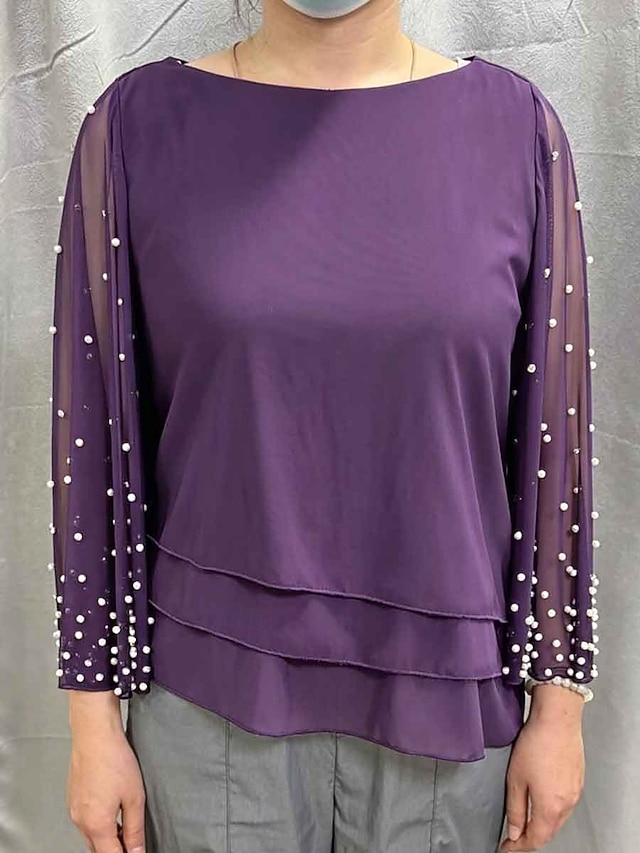 Women's Blouse Evening Tops Beaded Mesh Embellished Elegant 3/4 Length ...