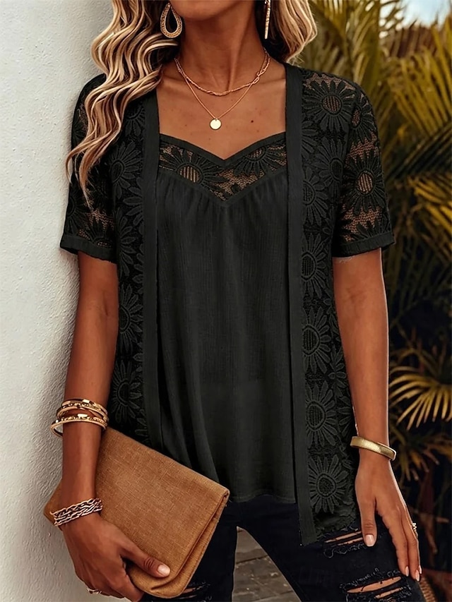 Women's Blouse Lace Graphic Plain Fashion Stylish Casual Short Sleeve V ...