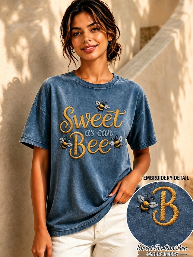 Women's 100% Cotton Embroidered T-shirt Graphic Letter Vintage Classic ...