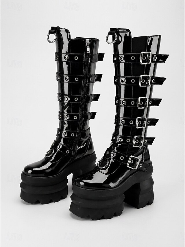 Women's Black Patent Leather Knee High Boots - Goth Multi-Buckle ...