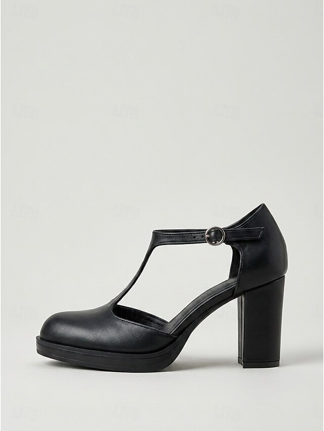 Women's Black Mary Jane Shoes - Leather T-Strap Chunky Block Heels for ...