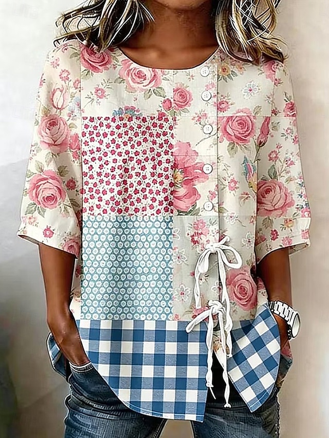 Women's Blouse Drawstring Patchwork Buttons Floral Graphic Elegant ...