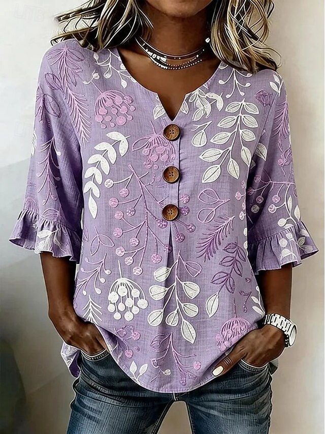 Women's Casual Shirt Summer Tops Blouse Buttons Ombre Floral Graphic ...