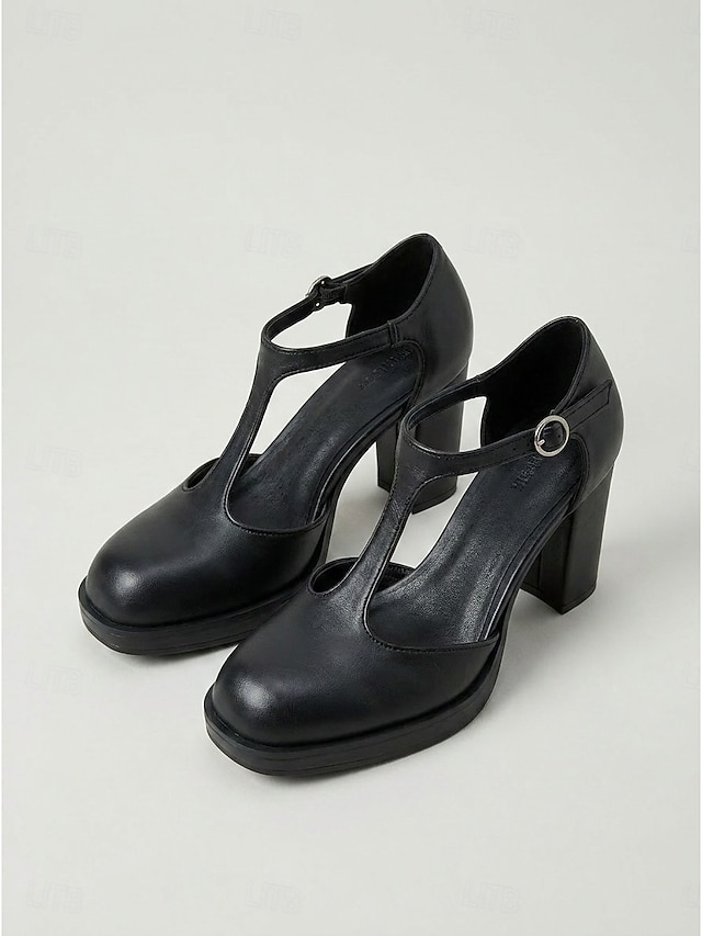 Women's Black Mary Jane Shoes - Leather T-Strap Chunky Block Heels for ...