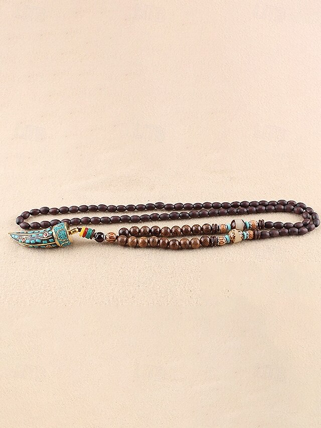 Men's Bohemian Crescent Horn Pendant Necklace Long Wooden Bead Chain ...