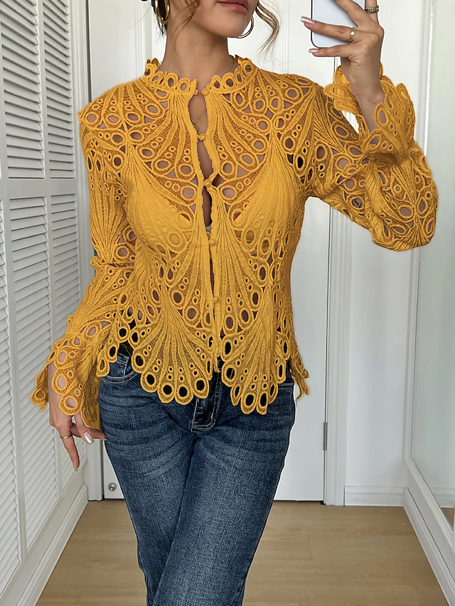 Women's Blouse Lace Solid Color Vintage Stylish Basic Long Sleeve High ...