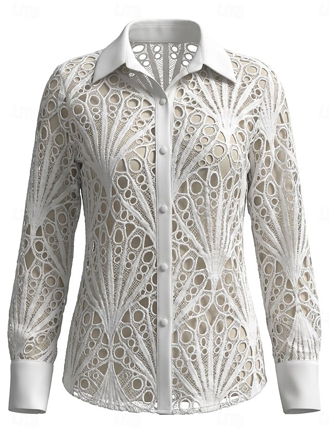 Women's Eyelet Top Texture Cut Out Elegant Long Sleeve Shirt Collar ...
