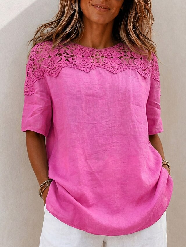 Women's Lace Splicing Top Lace Patchwork Elegant Crew Neck Long Tops ...