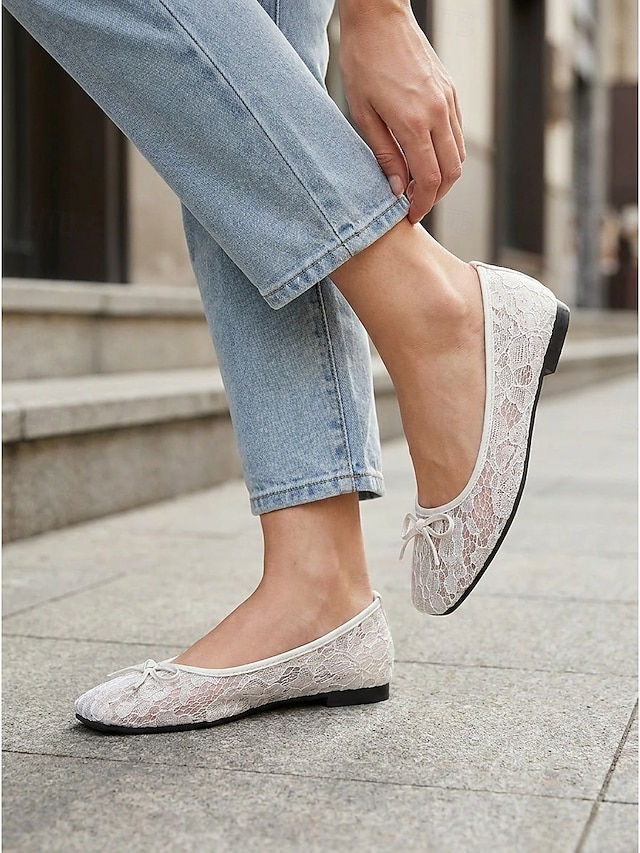 Women's White Mesh Ballet Flats - Lace Sheer Bowknot Flat Shoes for ...