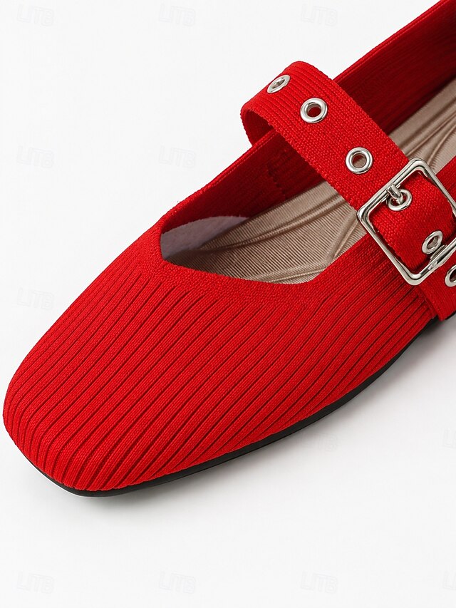Women's Red Mary Jane Flats - Ribbed Knit Square Toe Adjustable Strap ...