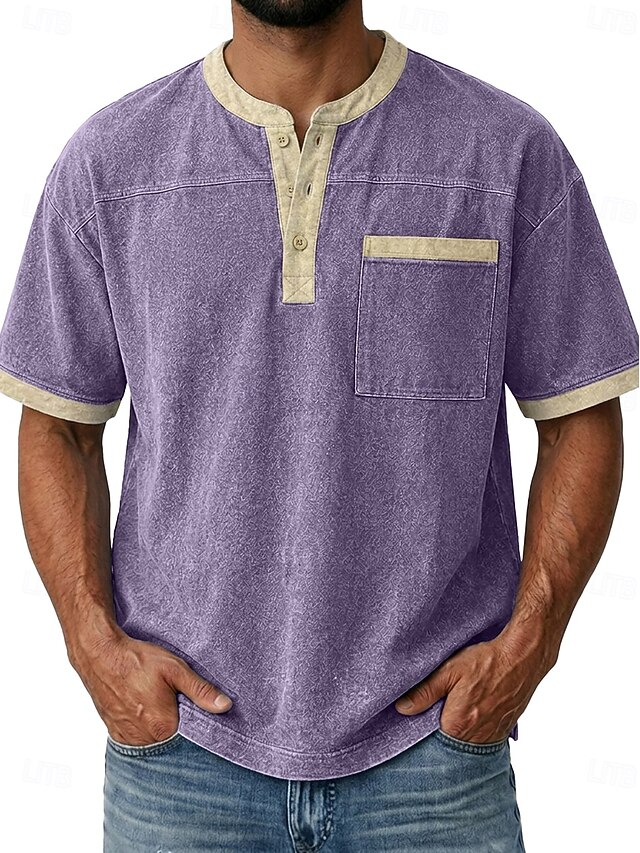 Men's T Shirt Demin Shirt 100% Cotton Acid Wash Shirt Henley Top Short ...
