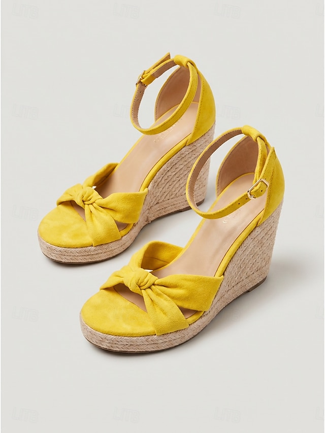 Women's Yellow Espadrille Wedge Sandals - Sexy Suede Platform Knotted ...