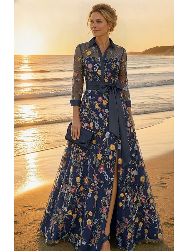 A-Line Floor Length Mother of the Bride Dress 3/4 Length Sleeve Shirt ...