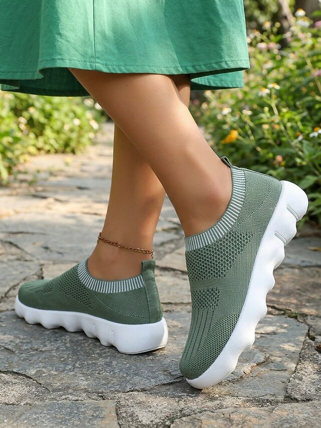 Women's Green Breathable Fly Knit Slip On Walking Shoes - Lightweight ...