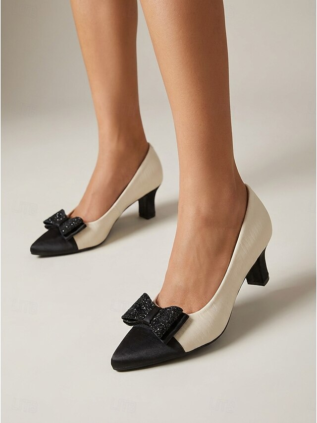 Women's Cream Black Cap Toe Pumps - Glitter Bow Pointed Low Block Heels ...