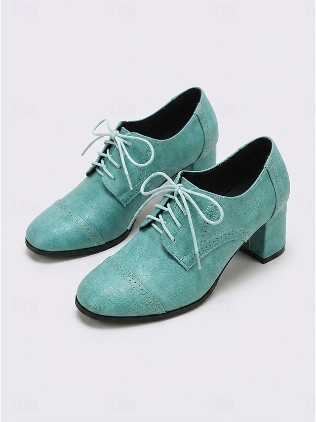 Women's Beige Faux Leather Oxford Shoes - Brogue Chunky Heel Lace-Up ...