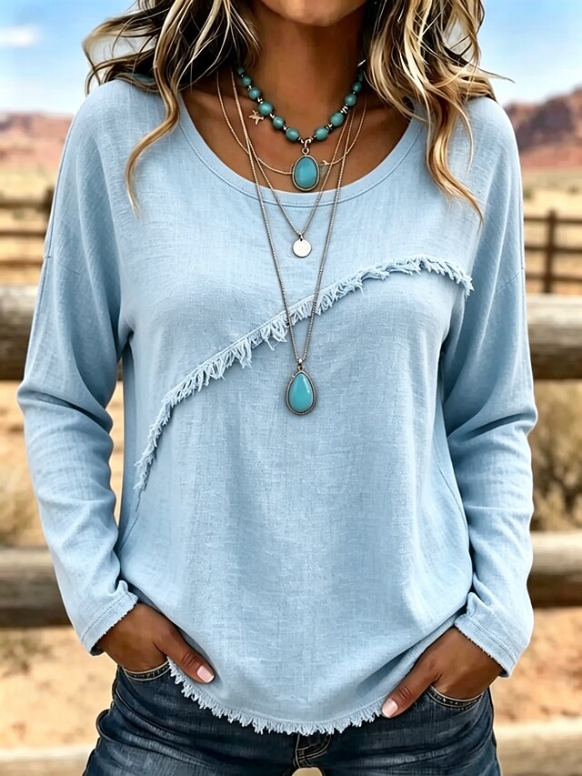 Women's Linen-feel Shirts Patchwork Asymmetric Fringe Solid Color ...