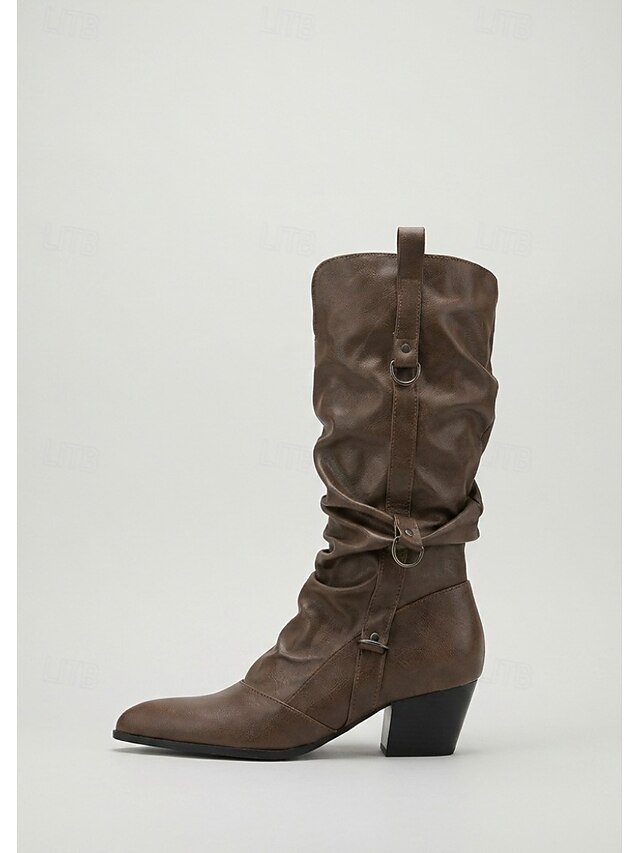 Women's Dark Brown Cowboy Boots - Slouchy Western Pointed Toe Chunky ...