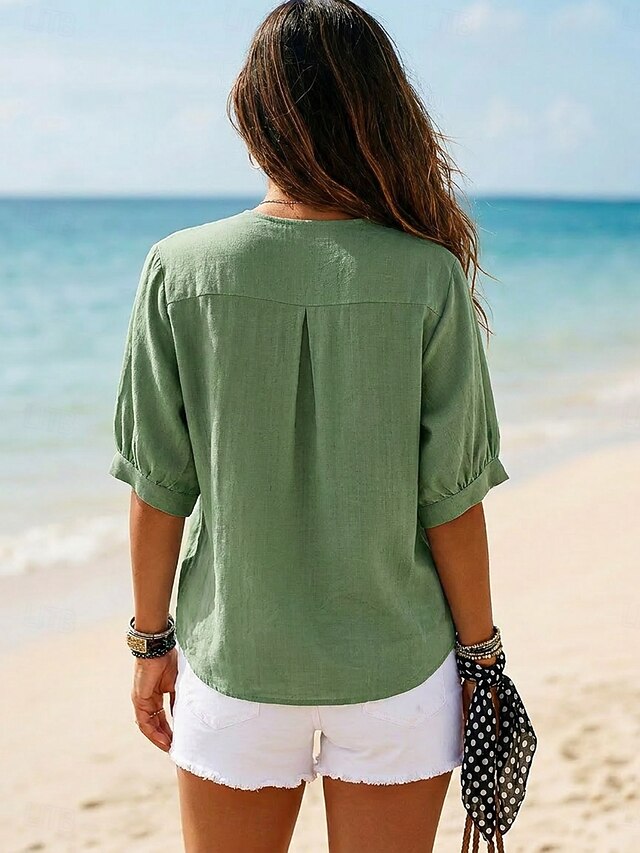 Women's Shirt Texture Embroidered Buttons Vintage 3/4 Length Sleeve ...