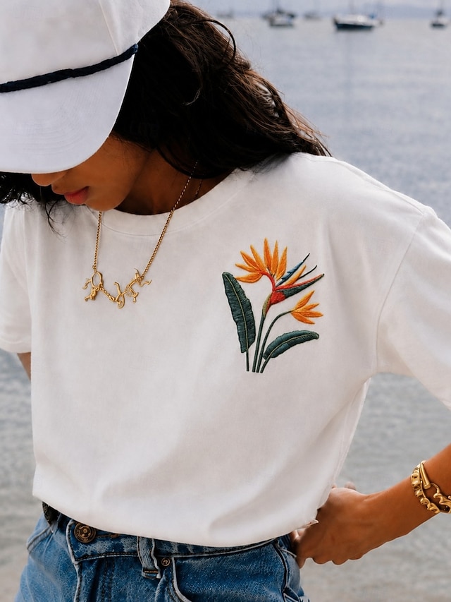 Women's 100% Cotton Embroidered Plants T Shirt Summer Tops Elegant ...