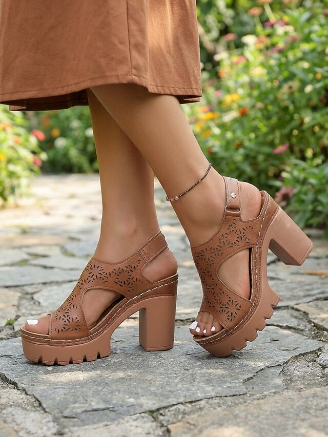 Women's Dark Brown Perforated Open Toe Platform Heeled Sandals - Chunky ...