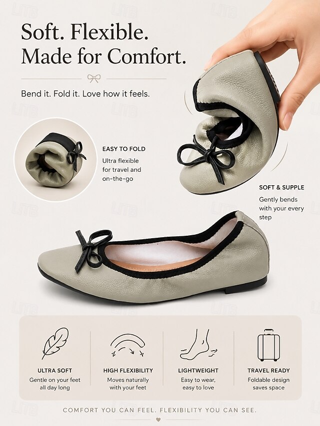 Women's Sage Green Ballet Flats - Ultra Soft Leather Foldable Shoes for ...