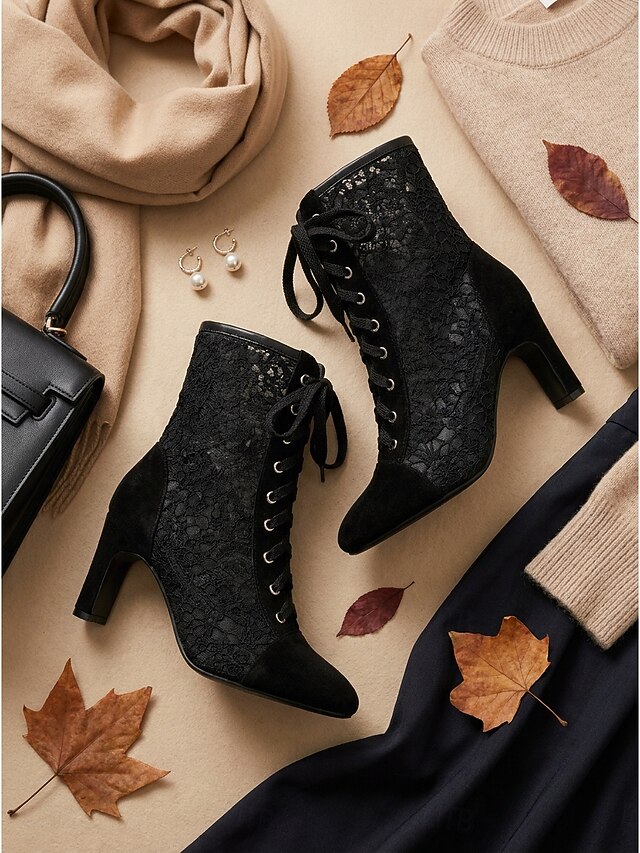 Women's Black Ankle Boots - Lace Mesh Sheer Front Lace Up Heeled ...