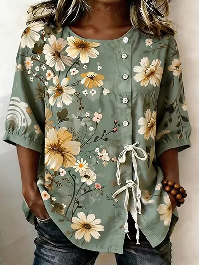 Women's Blouse Drawstring Patchwork Buttons Floral Graphic Elegant ...