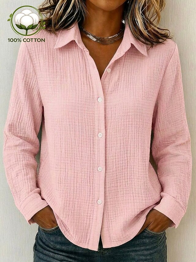 Women's 100% Cotton Button Down Shirt Texture Buttons Daily Long Sleeve ...