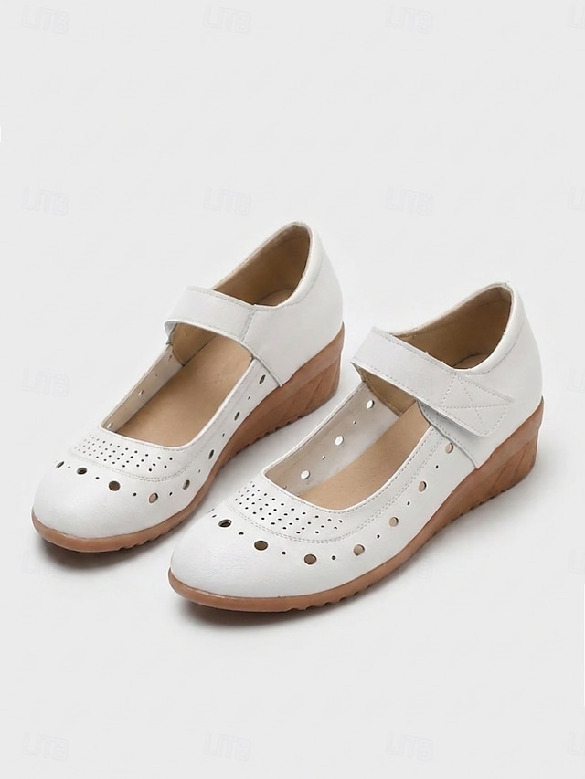 Women's Microbial Leather Mary Jane Shoes – Breathable Perforated ...