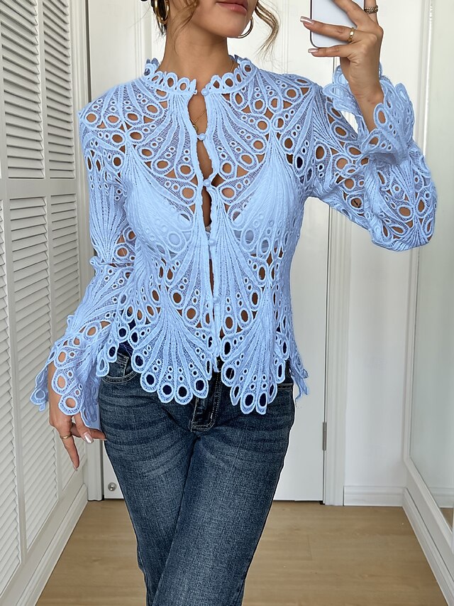 Women's Blouse Lace Solid Color Vintage Stylish Basic Long Sleeve High ...
