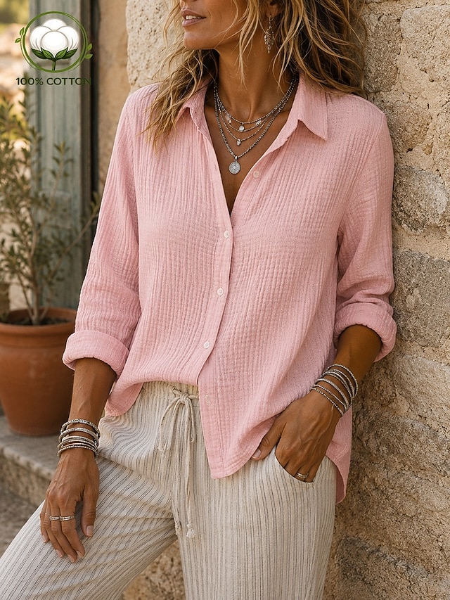 Women's 100% Cotton Button Down Shirt Texture Buttons Daily Long Sleeve ...