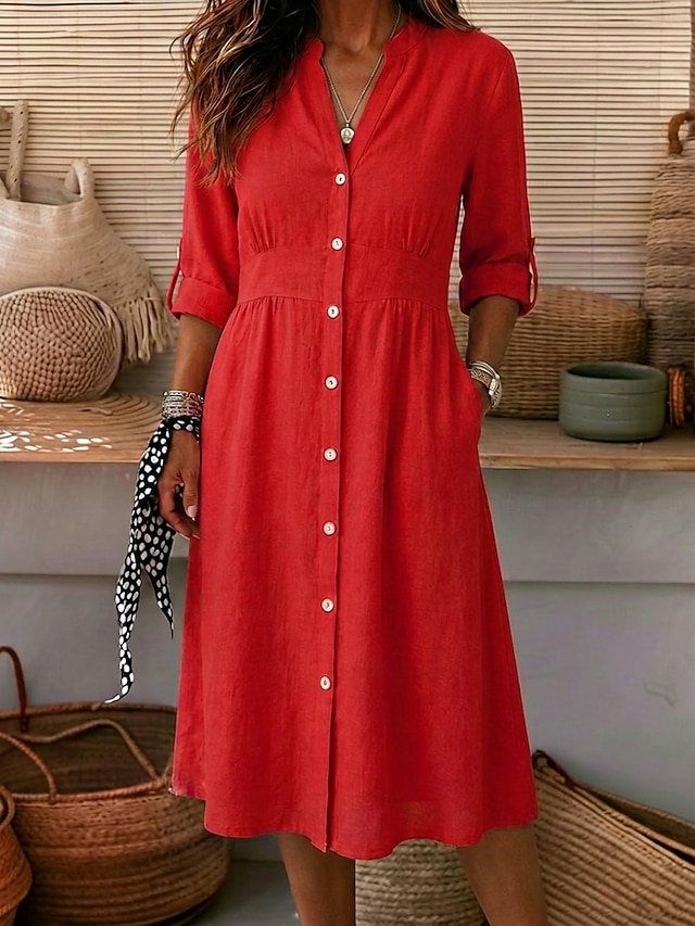 Women's Knee Length Dress Cotton Linen Dresses Shirt Dress Elegant ...